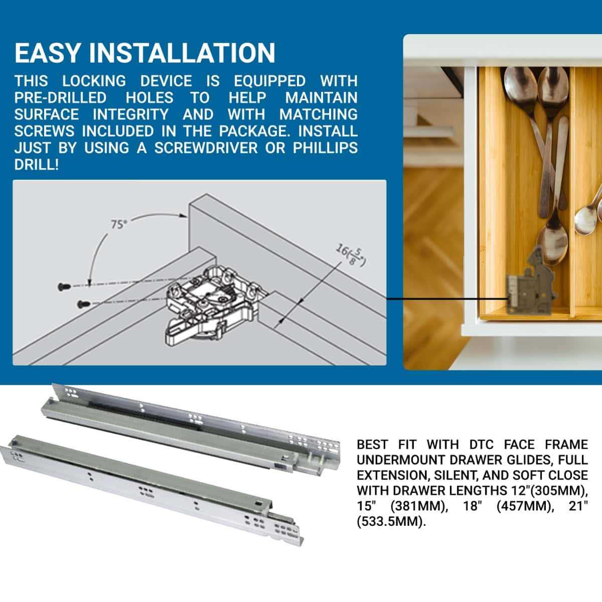 Pair of DTC Undermount Drawer Slide Plastic Front Locking Device Left ...