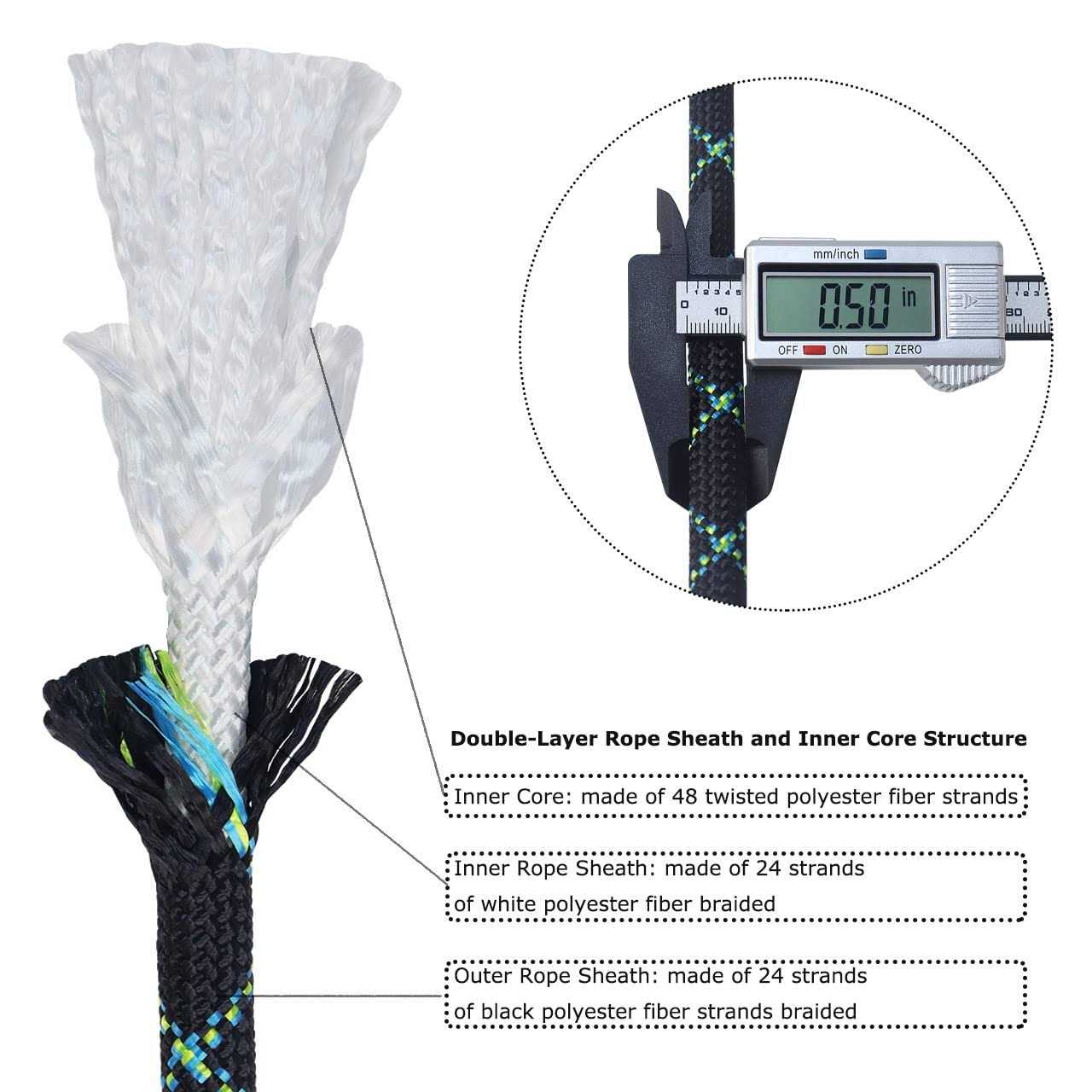 Double Braid Polyester Arborist Rigging Rope -1/2 inch x 100 feet ...