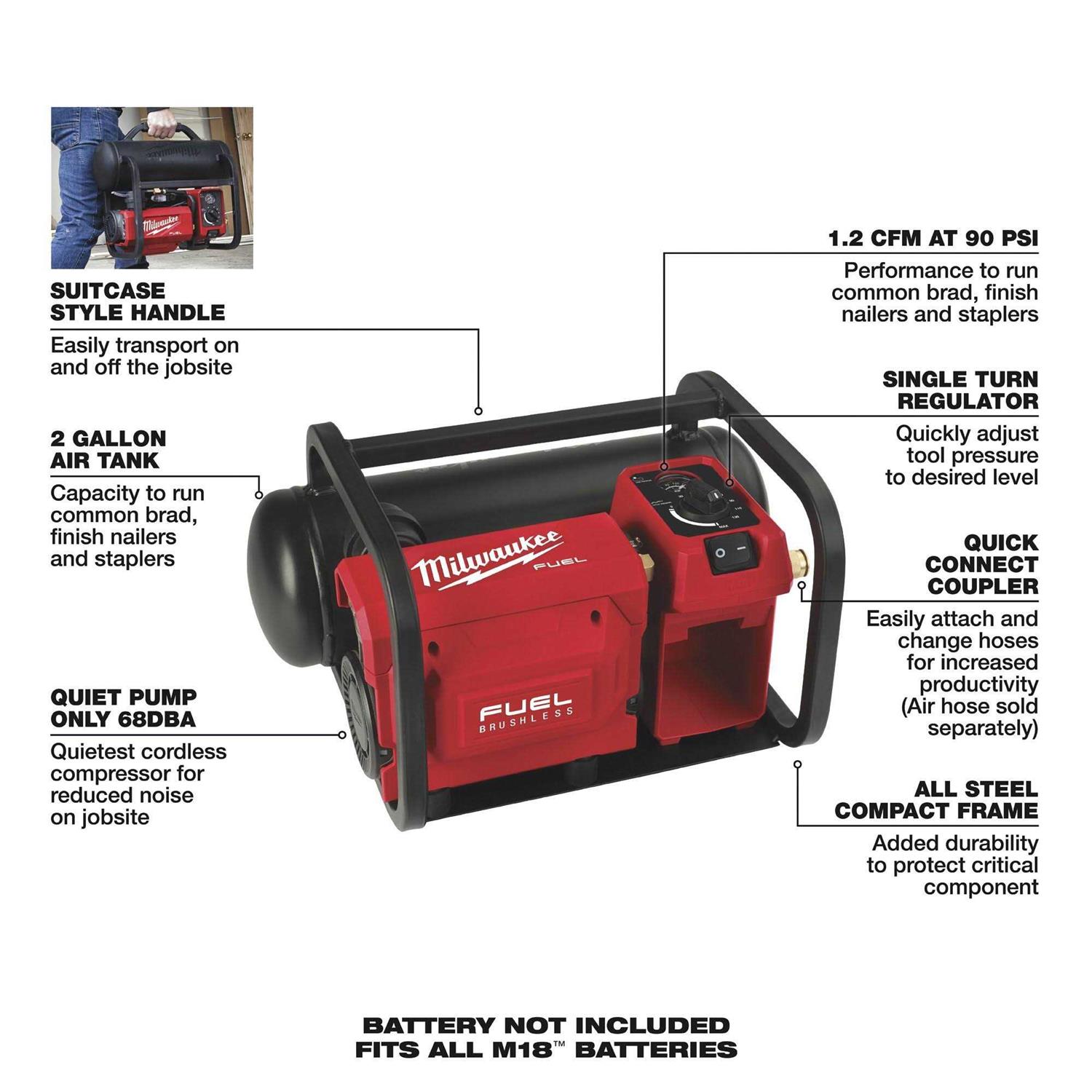 Milwaukee 2840-20 M18 FUEL 2 Gallon Compact Quiet Compressor - Shop ...