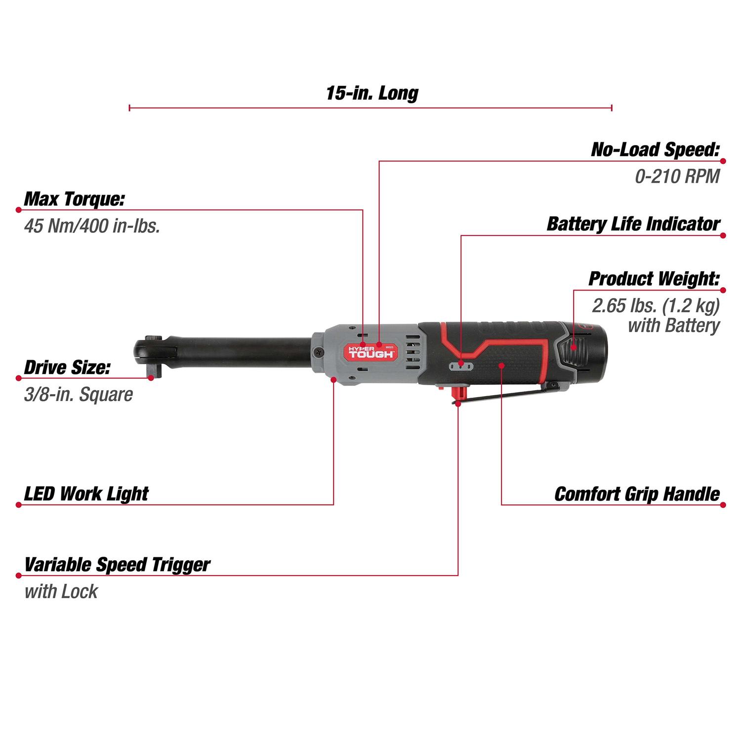 Hyper Tough 12V Max* 3/8-in Lithium-Ion Cordless Extended Reach Ratchet ...