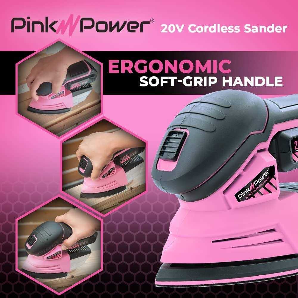 Pink Power Detail Sander for Woodworking 20V Cordless Electric Hand ...