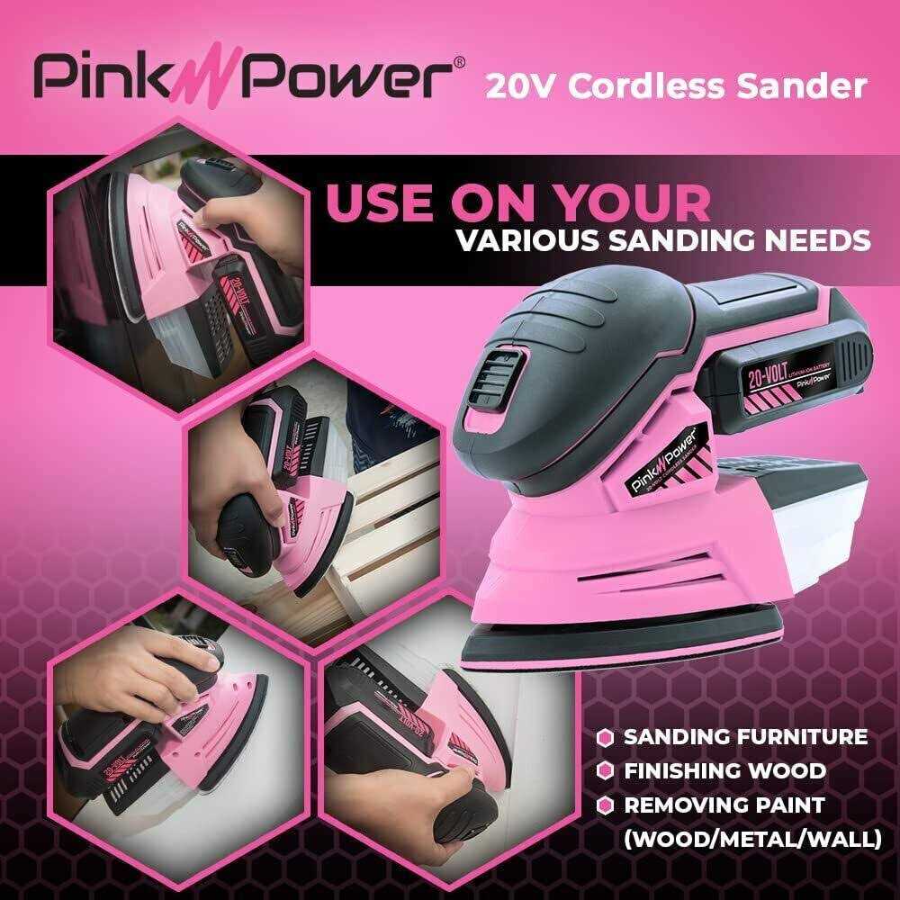 Pink Power Detail Sander for Woodworking 20V Cordless Electric Hand ...