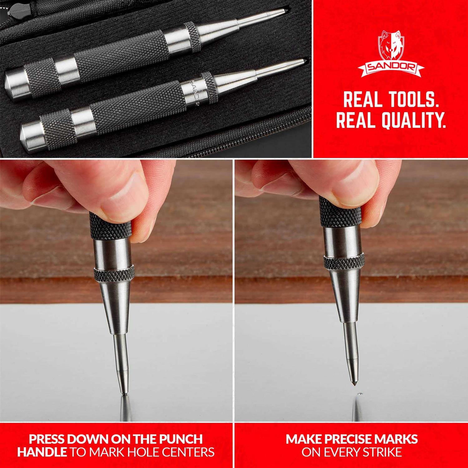 Heavy Duty Automatic Center Punch With Hardened Steel Pack of 2 Premium Universal Metal Hand ...